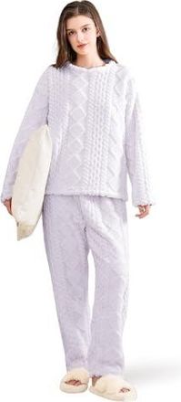 Power Flower Ensemble Pyjama en Polaire Douce pour Femme - Pull et Pantalon Amples en Peluche, Ensemble de Nuit Confortable 2 pièces pour lHiver (L-XL, LY218-Purpl