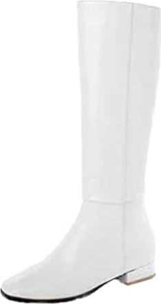 Generic Bottes hautes à bout carré avec fermeture éclair latérale et talon épais pour femme, blanc, 38.5 EU