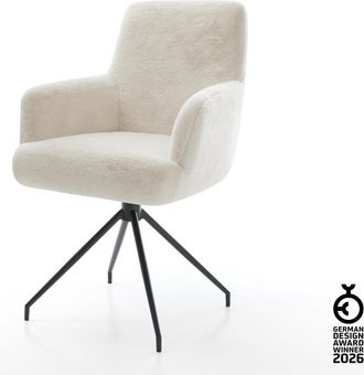 DELIFE Esszimmerstuhl Heira-Flex mit Armlehnen Pl&uuml;sch Creme-Wei&szlig; Kreuzgestell konisch Schwarz Taschenfederkern, Esszimmerst&uuml;hle