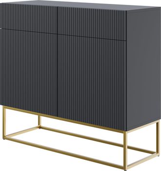 Selsey Kommode Schrank Aufbewahrungsschrank 100 cm Mit 2 Schubladen Und 2 T&uuml;ren Schwarz Goldene Beine Veldio