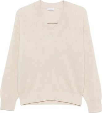 Brunello Cucinelli Pull &agrave; col en V - Femme - Pulls - Beige - Taille: 42 FR