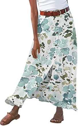 Generic Jupe Boheme Femme Coton Lin- Jupe Mi Longue Taille Moyenne Fendue Fleurie &Agrave; Imprim&eacute; Floral avec Boutons &Eacute;t&eacute; D&eacute;contract&eacute; Slim Fluide &Eacute;l&eacute;gants Tous Les 