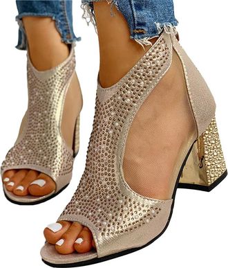 Minetom Sandalen Damen Sandalen Pumps Blockabsatz High Heels Sommerschuhe Reißverschluss Sandals Party Freizeit Hochzeit Hochhackige Abendschuhe D Gold 40 EU