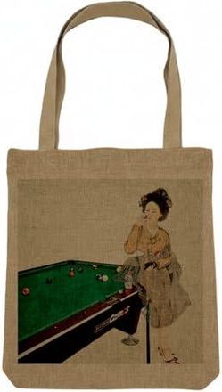 Fabulous Sac Shopping Tote Bag Aspect Lin - Peinture Geisha Japonnaise Joue au Billard - Sac de Courses Toile Epaisse 360g Beige Naturel Cabas Port&eacute; Epaule Sol