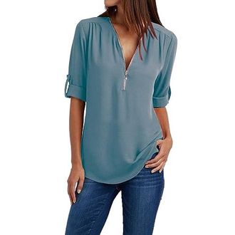 Generic Tee Shirt Femme Grandes Tailles- Haut Femme Zippé,Tunique À Manches Courtes Sexy Col en V Top Lâche Couleurs Unies Blouses Décontractées Respirant Con