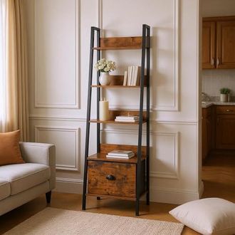 Furniture R Wohnzimmerschrank Leiterstil 5 Ebenen 42x29x141 cm mit Stoffschublade, 12 mm Holzplatten & 20 mm Metallrahmen, 7,5 cm Rückwand, Warmes Holzdesign