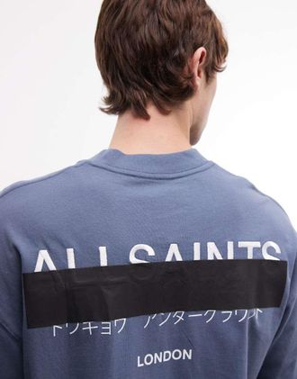 AllSaints Redact - Oversize-T-Shirt in Mittelblau mit Logo-Stickerei und R&uuml;ckenprint