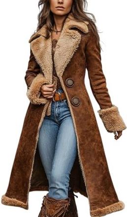 Generic Trench dhiver en faux daim doubl&eacute; Sherpa pour femme - Veste polaire confortable avec revers crant&eacute; - Longueur midi - Veste western vintage, marron, 3X