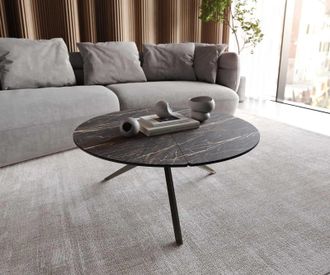 DELIFE Couchtisch Delron 90x90 cm Keramik LaminamNoir Desir Braun Kreuzfuß Flach Metall Effektfinish Titan, Couchtische