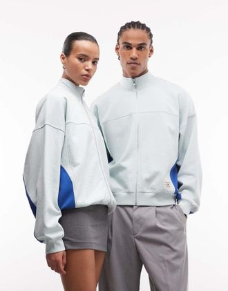 Collusion Circular Design Collection - Schwere Unisex-Jacke in Grau und Blau mit Rei&szlig;verschluss und Eins&auml;tzen