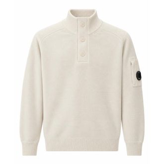 C.P. Company C.p. Company - Pull demi-boutonn&eacute; en laine dagneau GRS avec lentille - Homme - Pulls - Blanc - Taille: L