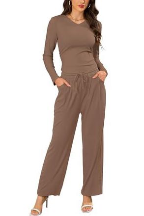 SHEKINI Ensemble Pantalon Femme Chic et Elegant 2 Pi&egrave;ces Haut Court Manche Longue Slim Fit Pantalon Fluide avec Poches Jogging Surv&ecirc;tements D&eacute;contract&eacute;e Loung