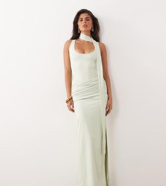 the frolic Exklusives, figurbetontes Maxikleid in Mint mit geraffter Taille und Wickeloptik mit Schaldetail-Wei&szlig;