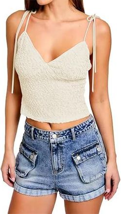 Generic D&eacute;bardeur de sport ample pour femme - Noir - Court - &Eacute;l&eacute;gant - Col en V - Haut d&eacute;t&eacute; sexy - Camisole - Sans manches - En coton - Couleur unie - Haut ba