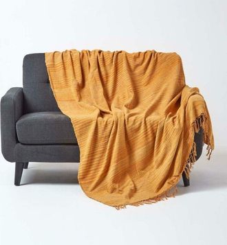 Homescapes Homescapes - Jeté de lit ou de canapé en tissu chenille Orange clair, 220 x 240 cm