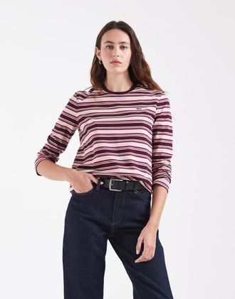Lacoste gestreiftes Langarm-Jersey-T-Shirt in Burgunderrot