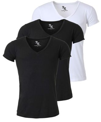 Young & Rich Herren Uni T-Shirt mit extra tiefem V-Ausschnitt Slimfit Stretch Dehnbare Passform einfarbiges Basic Shirt - 3er Pack, Gr&ouml;sse:XL, Farbe:2 x Schwarz / 