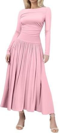 Generic Robes amincissantes 2026 pour femmes, robe maxi printemps 2025 &agrave; manches longues, col rond, tricot&eacute;e, d&eacute;contract&eacute;e, pliss&eacute;e avec poches, rose, XXL