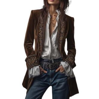 Generic Veste vintage en velours brod&eacute; pour femme, coupe ajust&eacute;e, tendance, l&eacute;g&egrave;re, gothique, dentelle, pirate, marron, XXL
