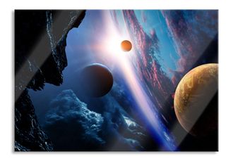 Pixxprint Glasbild, Wandbild aus Echtglas, Abstrakte Planeten im Weltraum, 100x70 cm, inkl. Aufh&auml;ngung und Abstandshalter