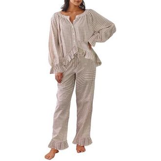 Generic Y2K Ensemble de pyjama vichy pour femme 2 pi&egrave;ces en gaze de coton avec manches bouffantes et pantalon &agrave; volants, kaki, M