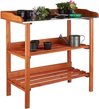 Relaxdays Pflanztisch, Holz, Metallplatte, 3 Ebenen, Arbeitsplatte Gew&auml;chshaus, HBT: 87,5 x 91,8 x 41,5 cm, orange