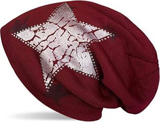 styleBREAKER Bonnet Beanie avec Motif &eacute;toiles, imprim&eacute; &eacute;toile Vintage bord&eacute; de Strass et Doublure int&eacute;rieure tr&egrave;s Douce, Unisexe 04024097, Couleur:Bordeaux-Rouge