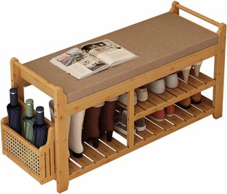 Generic Schuhbank Aus Bambus for Den Eingangsbereich Mit Seitenhalter Und Kissen - 2-stufige Aufbewahrung for Flur Und Wohnzimmer
