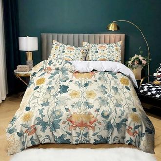 Generic Housse de Couette Affiche Fleurs Végétales 240 x 220 cm, Parure de Lit Couleur Crème 2 Personnes - House de Couette Microfibre avec Fermeture Eclair e