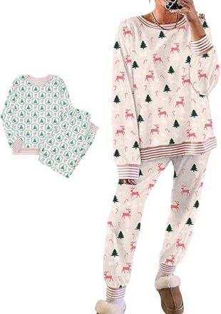 Generic Ensemble de pyjama motif sapins de Noël et noeuds, ensemble de détente mignon pour femme, vêtements de nuit deux pièces pour femmes, rose, XXL