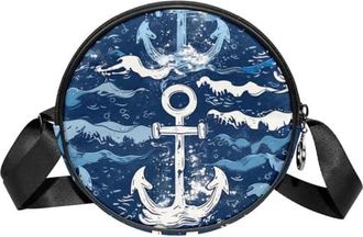 Generic Petit sac &agrave; bandouli&egrave;re circulaire pour femme, motif ancre de mer, vagues - Sac &agrave; dos &agrave; bandouli&egrave;re avec fermeture &eacute;clair et bretelles r&eacute;glables - Sty