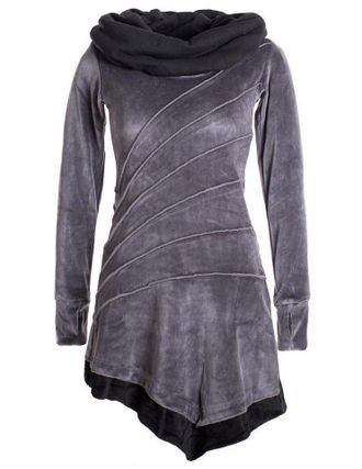 vishes Zipfelkleid Asymmetrisches Patchwork Samtkleid Schalkragen Hippie, Elfen, Hoody, Boho Style