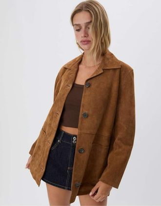 Stradivarius Jacke in Braun mit Taschen aus 100% Leder-Brown