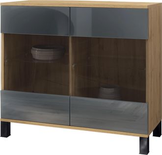 Vladon Kommode Bari V3, Moderner Küchenschrank mit 2 großen Glastüren Eiche Evoke/Grau Hochglanz (92,5 x 84.5 x 35)