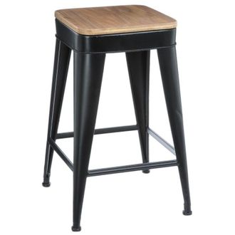 Atmosphera Atmosphera - Tabouret de bar haut Joris - Structure en m&eacute;tal noir - Assise en bois de badamier - Hauteur 59 cm - Lot de 2 unit&eacute;s