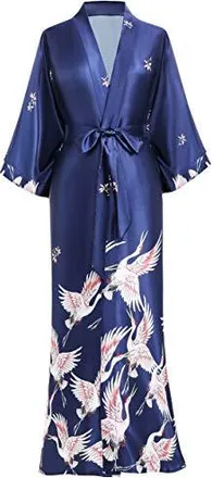 prodesign denmark BABEYOND Kimono Long en Satin Robe de chambre Longue pour Femme Peignoir Long Satin avec Motif Grue (Taille Unique) (Bleu fonc&eacute;)