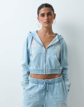 Juicy Couture Iccle hoodie zipp&eacute; coordonn&eacute; avec logo strass d&eacute;lav&eacute; en bleu denim