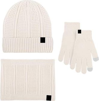 Generic Ensemble de bonnet, écharpe, gants en laine chaude et mignonne, pour femmes et hommes, trois bonnets, moufles et écharpes, écharpes, gants, beige, Tai