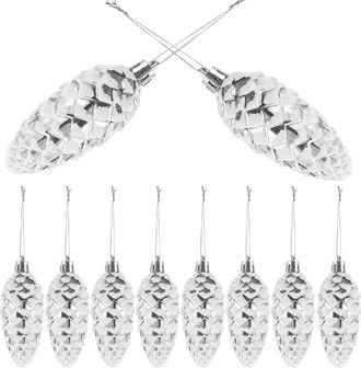 Garneck Weihnachtsbaumschmuck Tannenzapfen H&auml;ngende Dekorationen Silber Kunststoff 10 St&uuml;ck f&uuml;r Weihnachten und Geburtstagsfeier