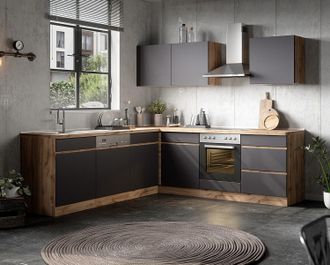 Held Möbel home24 Eck-Küchenzeile Turin Kombi A 240cm Braun/Grau/Grau/Wotaneiche Dekor ohne Elektrogeräte