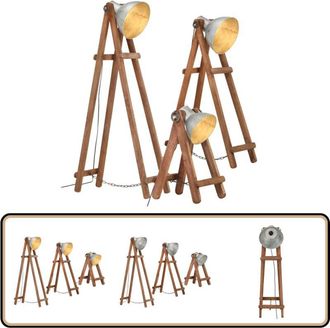 vidaXL Stehlampen 3 Stk. Silbern E27 Mango Massivholz - Vintage Lampe - Stehlampe Set - Industrielle Deko - Holzstelenleuchte - Mangoholz M&ouml;bel