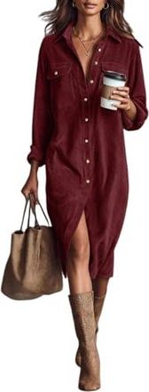 Generic Robe chemise dautomne boutonn&eacute;e en velours c&ocirc;tel&eacute; vintage &agrave; manches longues et col ample pour femme, bordeaux, XXL