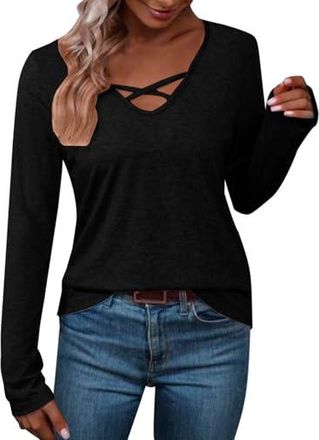 Generic Haut uni à manches longues pour femme - Facile à porter - Automne et hiver - Col en V - Manches longues - Coton - Couleur unie - Décontracté - T-shirt