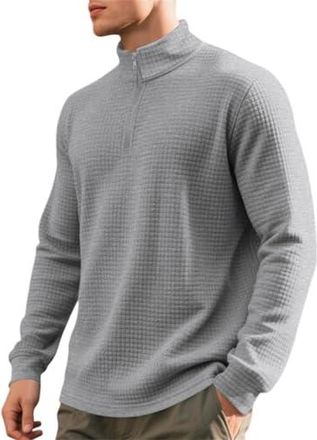 Generic Pull gaufr&eacute; &agrave; manches longues avec fermeture &eacute;clair 1/4 pour homme, gris clair, 3XL
