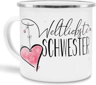 Tassendruck Emaille mit Spruch f&uuml;r die Weltbeste Schwester - Kaffeetasse/Familie/Geschenk-Idee/Mug/Cup/Emaille klein