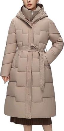 Generic Manteau long &agrave; capuche matelass&eacute; pour femme - Coupe ajust&eacute;e - Manteau dhiver chaud avec ceinture, kaki, XXL