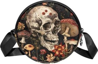 Generic Petit sac &agrave; bandouli&egrave;re circulaire pour femme, motif cr&acirc;nes, fleurs, petit sac &agrave; bandouli&egrave;re avec fermeture &eacute;clair, bretelles r&eacute;glables, sac &agrave; main ro