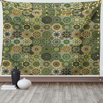 Abakuhaus Mandala Wandteppich und Tagesdecke, Oriental Floral Octagon aus Weiches Mikrofaser Stoff Waschbar ohne Verblassen Digitaldruck, 230 x 140 cm, Khakigrü