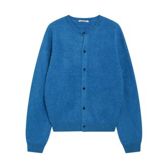 Auralee St&uuml;ckgef&auml;rbte Baby-Alpaka-Strickjacke mit Rundhalsausschnitt und Pelzoptik - - Knitwear - Herren - Blau - 2XL