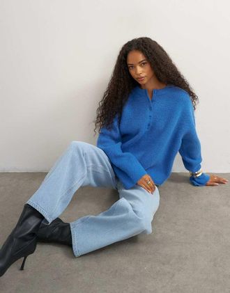 Topshop gestrickter Easy-Henley-Pullover in Kobaltblau-Gr&uuml;n